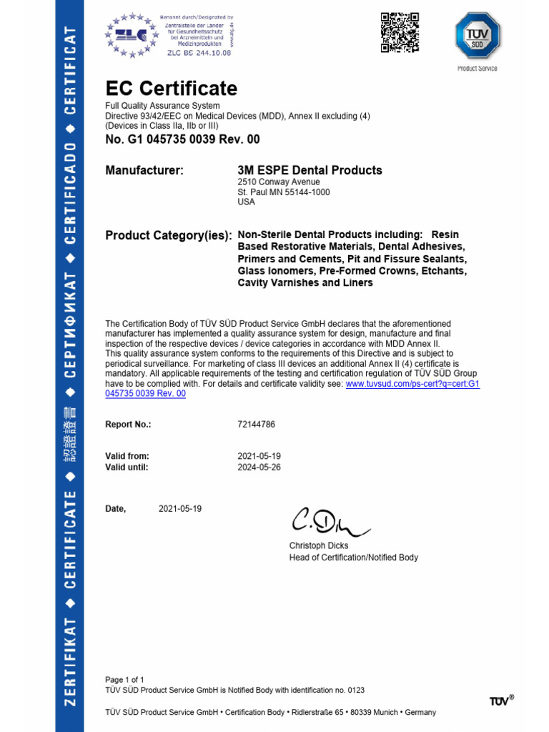 3M ESPE EC Cert G1 045735 0039 Rev1 | PDF