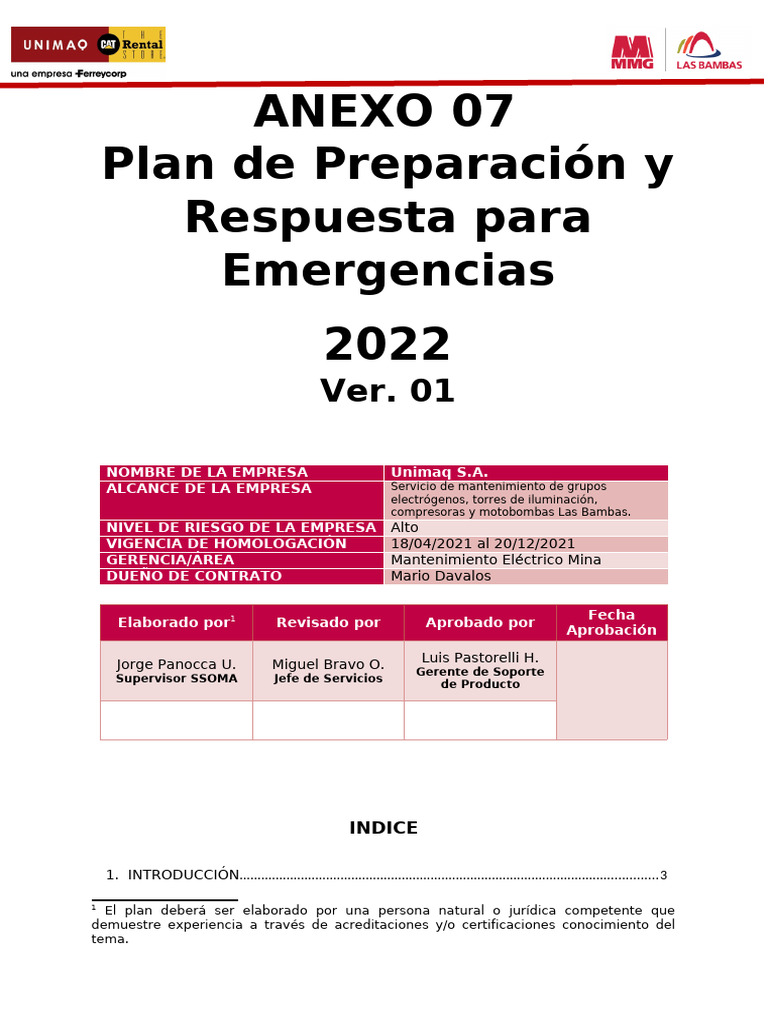 ANEXO 09 Plan de Preparación y Rpta Ante Emergencia 2022 - UNIMAQ S.A. Rev. 01 | PDF | Hospital