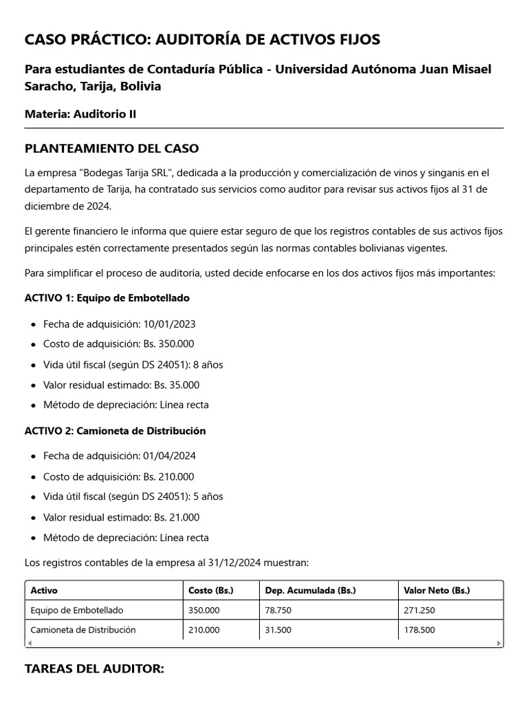 Caso Práctico #1 Auditoría de Activos Fijos | PDF | Depreciación | Contabilidad