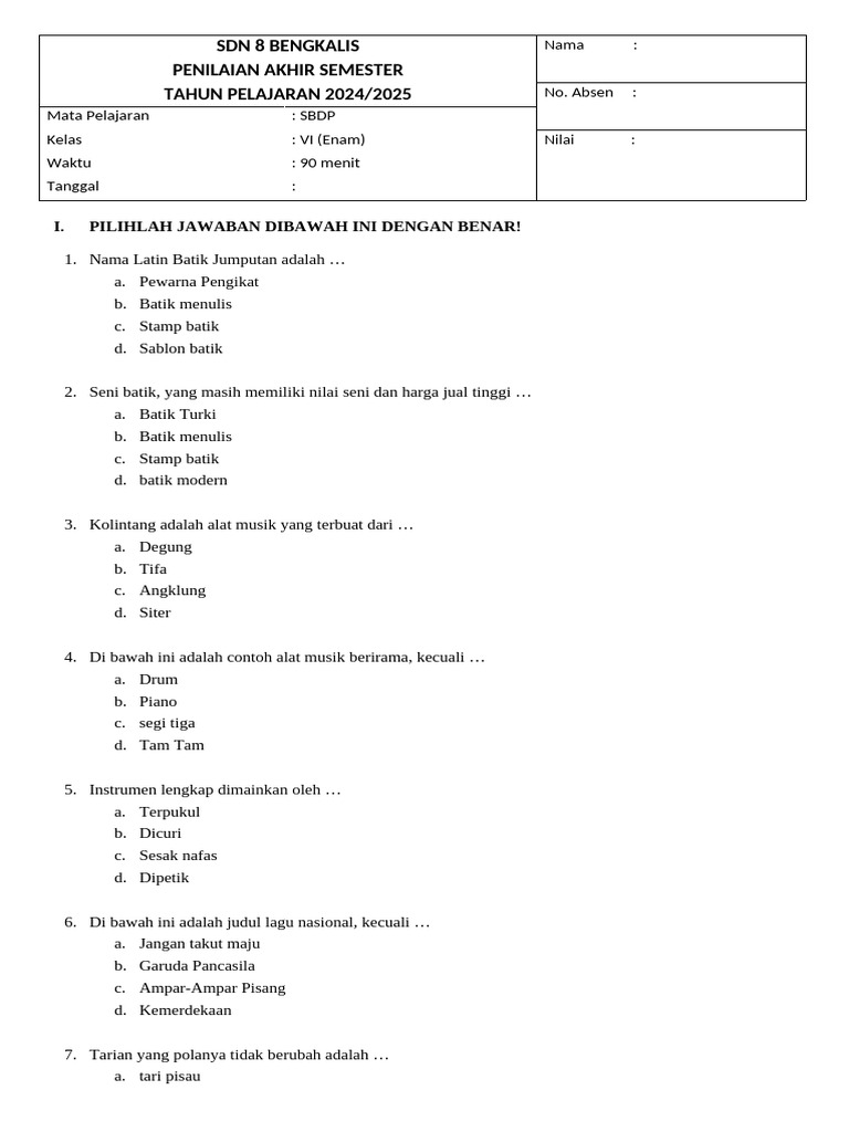 Soal SBDP Kelas 6 | PDF