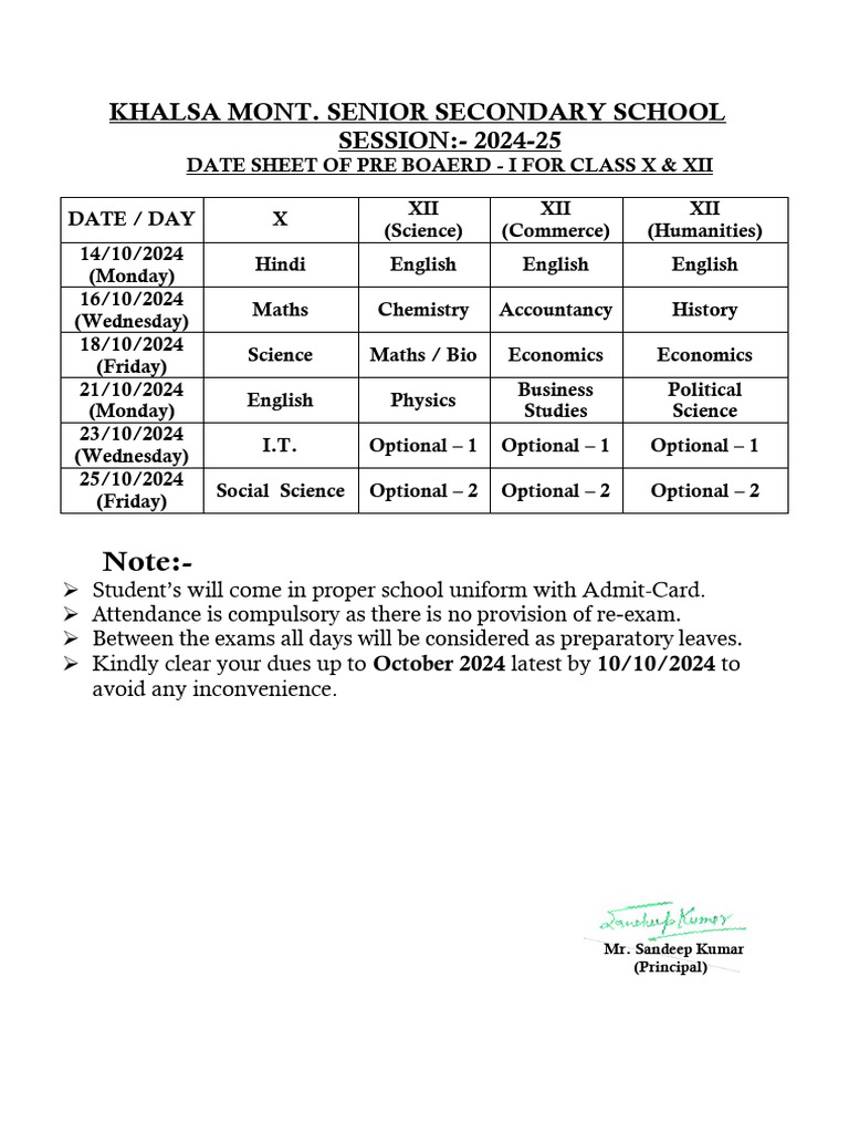 Pre Board Date Sheet 2024 | PDF