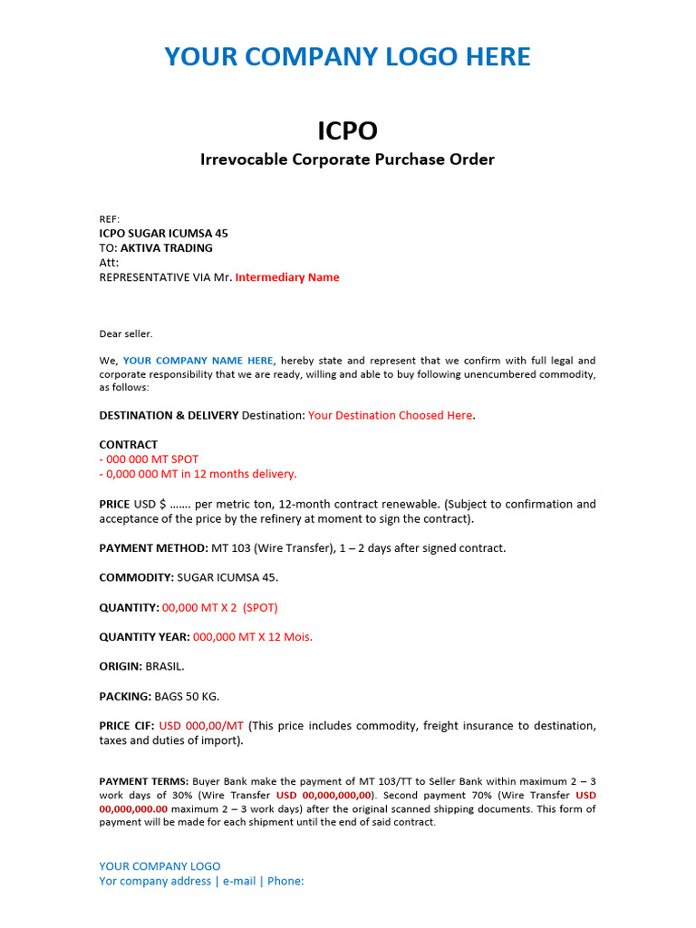 ICPO_30-70-IRREVOCABLE-CORPORATE-PURCHASE-ORDER-SUGAR-ICUMSA-45 | PDF