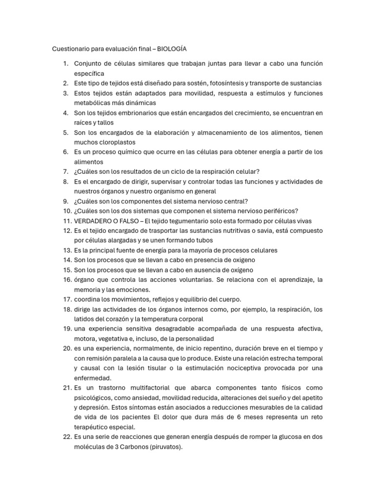 Guía de Repaso Examen Final Biología | PDF | Tejido (biología ...