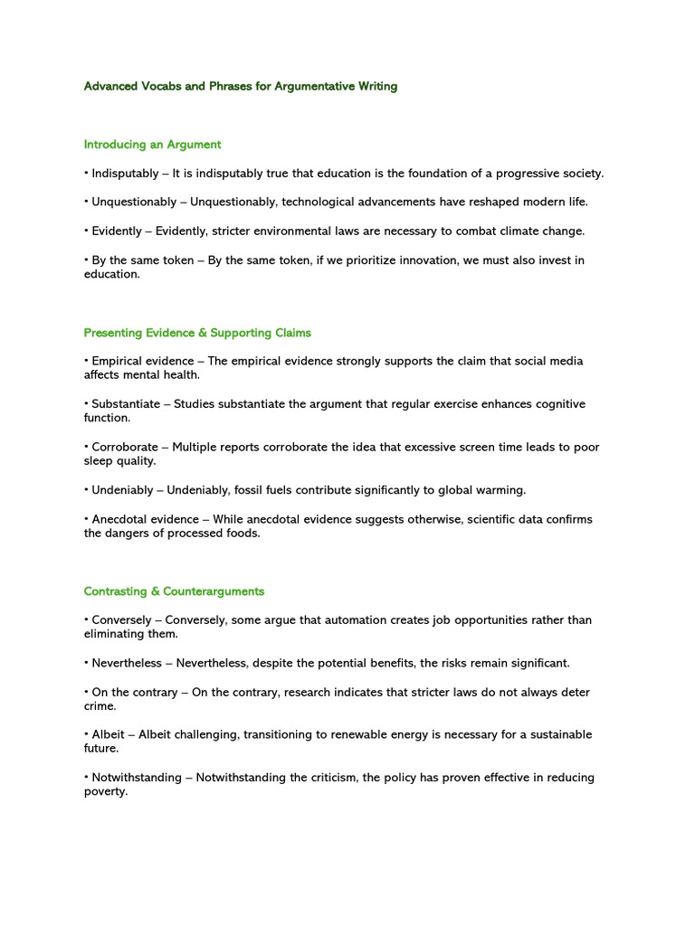 Advanced Vocabs and Phrases For Argumentative Writing | PDF | Climate ...