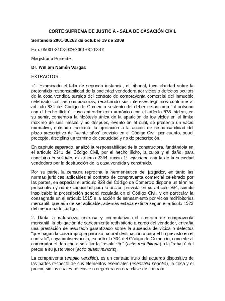 05001-3103-009-2001-00263-01 (Defectos Ocultos) | PDF | Daños y perjuicios | Estatuto de ...