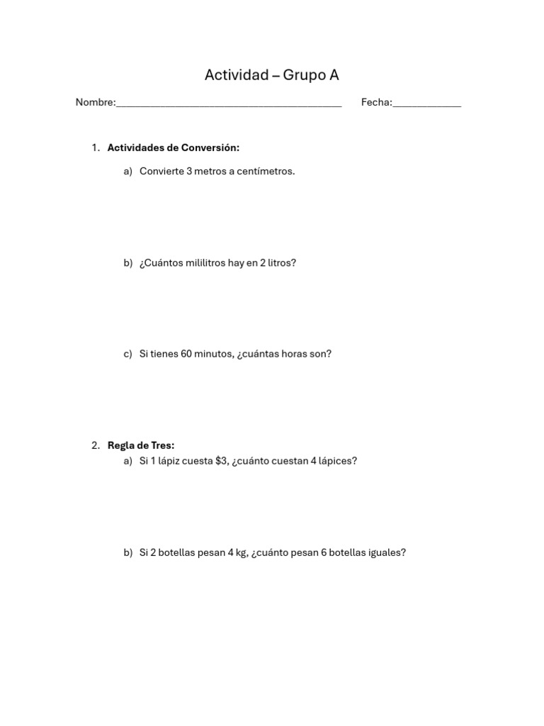 Actividad Conversiones y Regla de 3 Grupo A | PDF