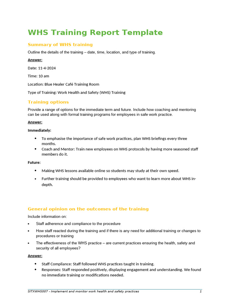 WHS Training Report and Recommendations | PDF | Occupational Safety And ...