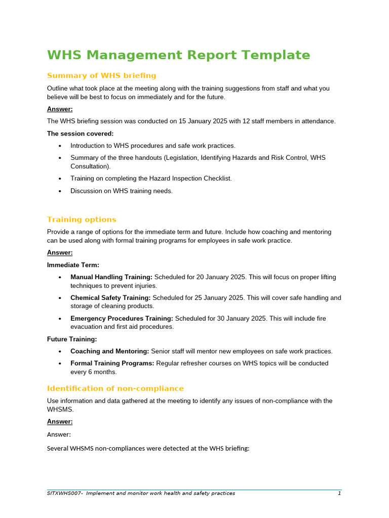 SITXWHS007 WHS Management Report Template | PDF | Occupational Safety ...