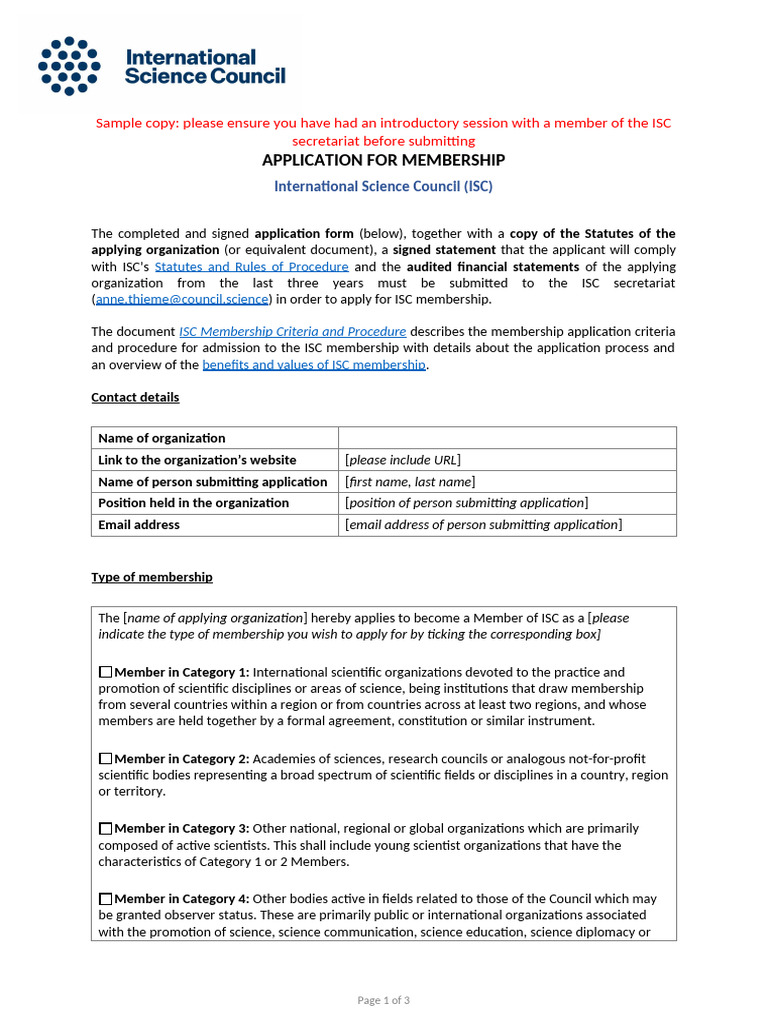 ISC - Membership Application Form - Sample | PDF | Science