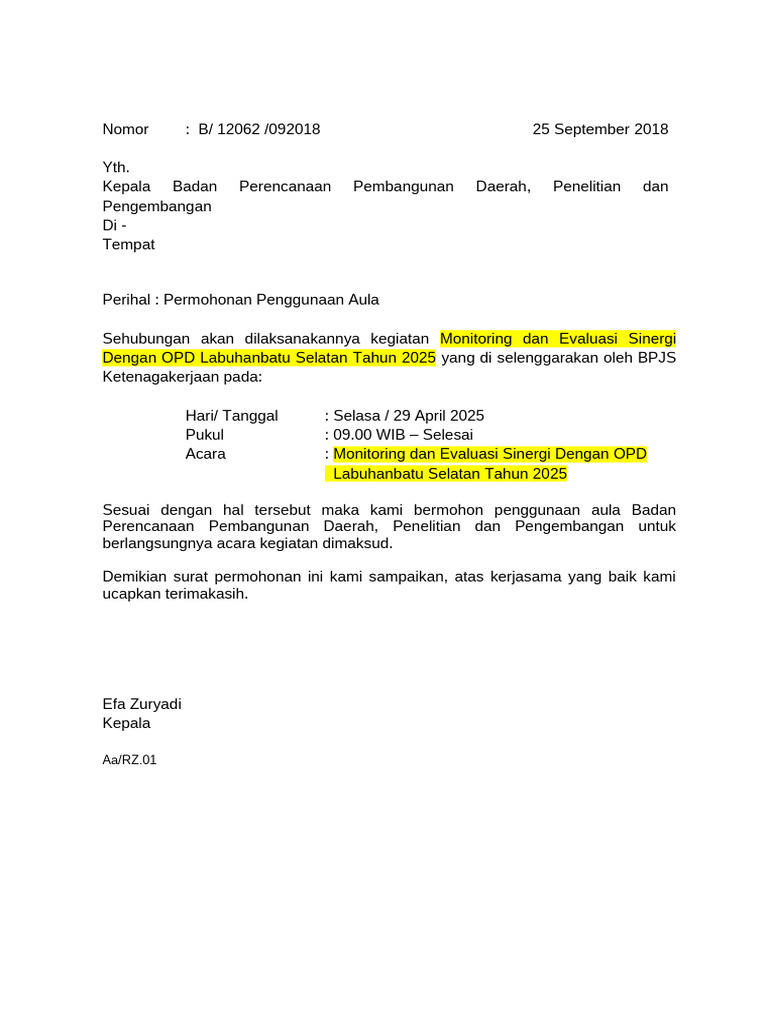 Surat Peminjaman Gedung Aula | PDF