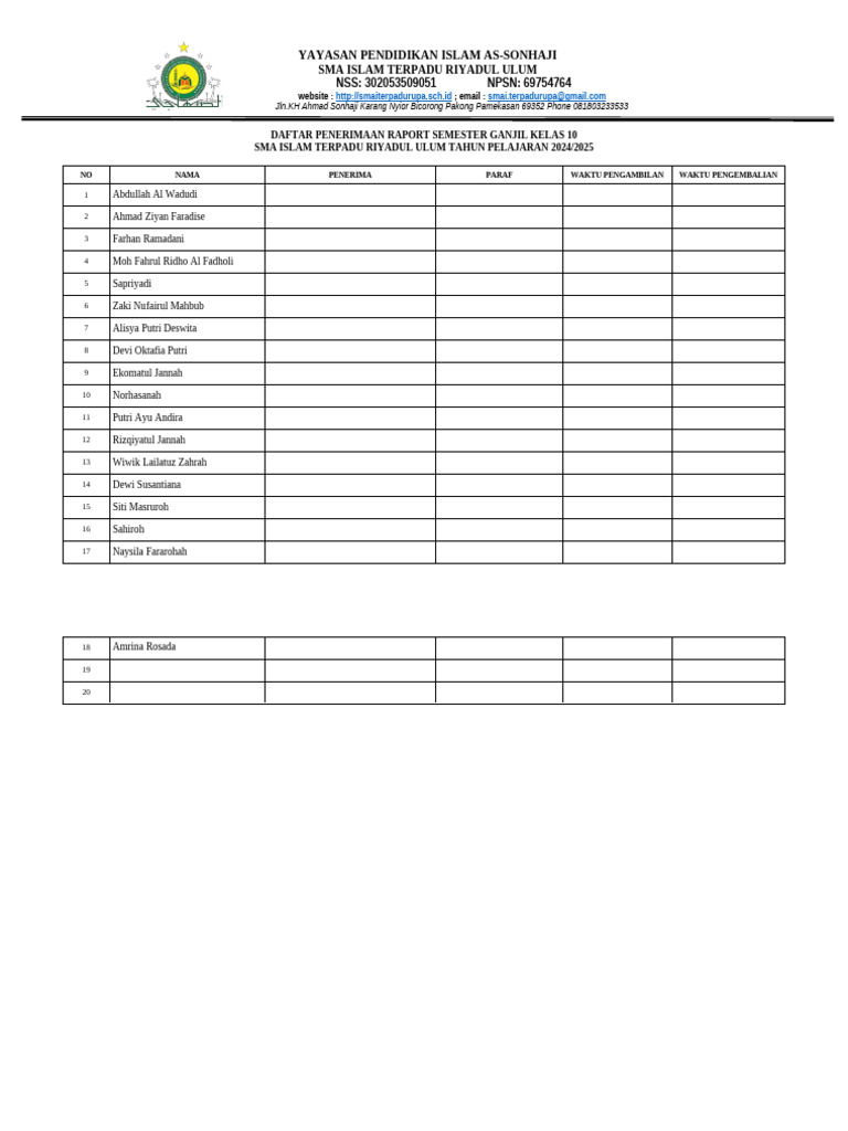 Daftar Hadir Pengambilan Raport | PDF