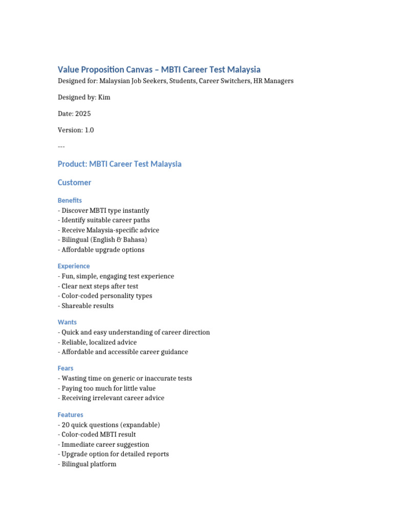 Value Proposition Canvas MBTI | PDF