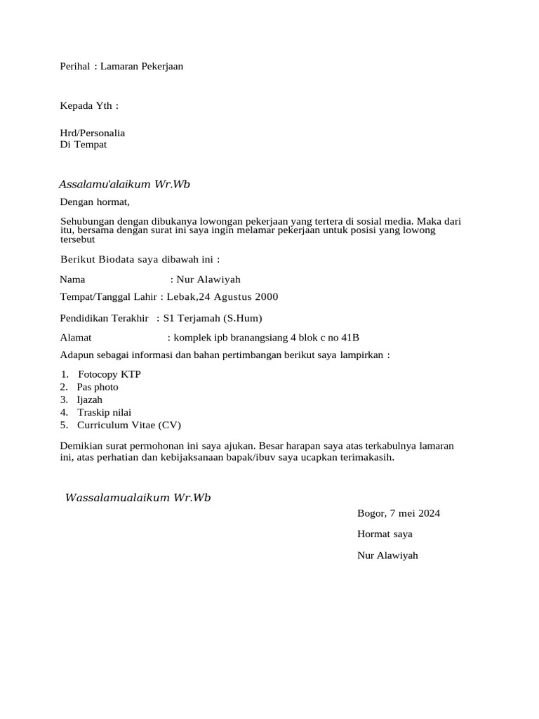 Surat Lamaran Kerja SAB | PDF