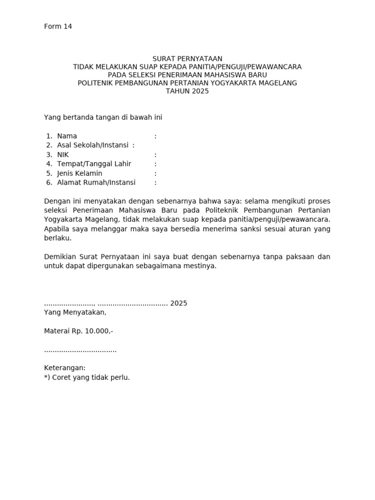 Template Surat Pernyataan Anti Suap Pada PMB Yoma | PDF
