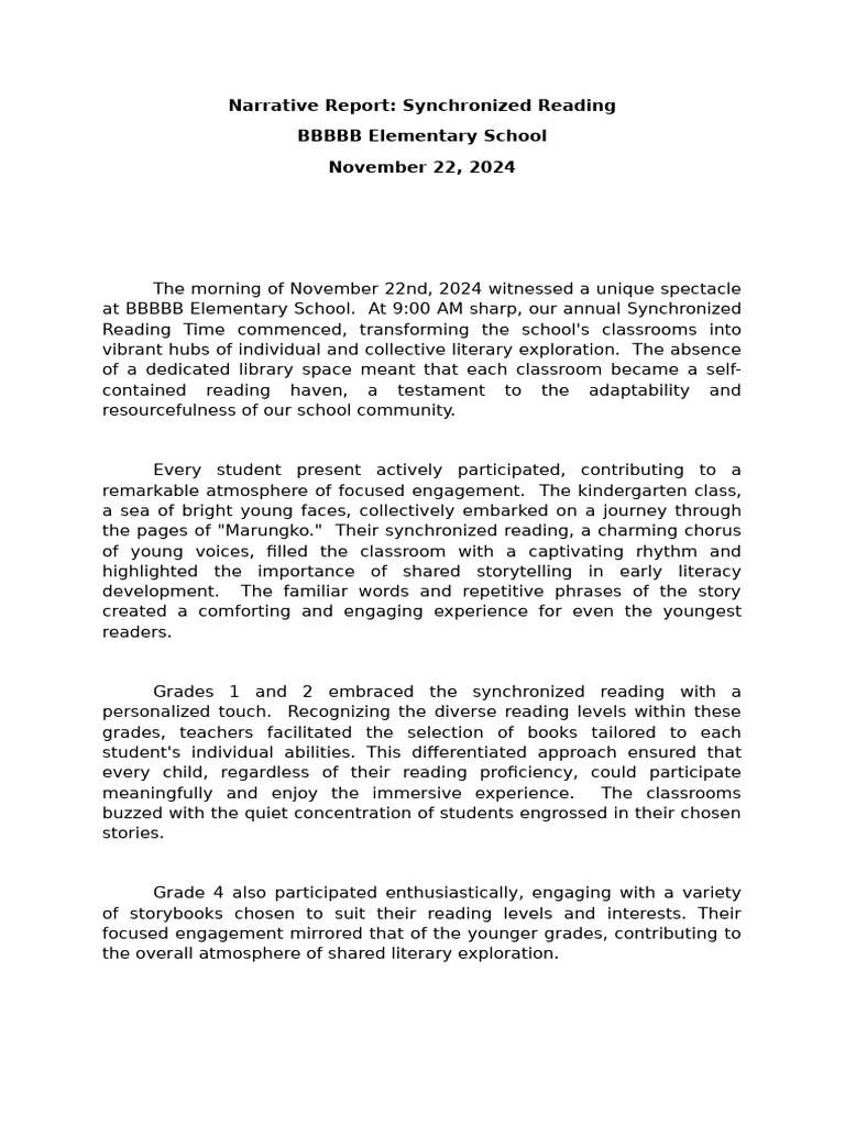 Narrative Report On Synchronized Reading | PDF | Cognition | Pedagogy
