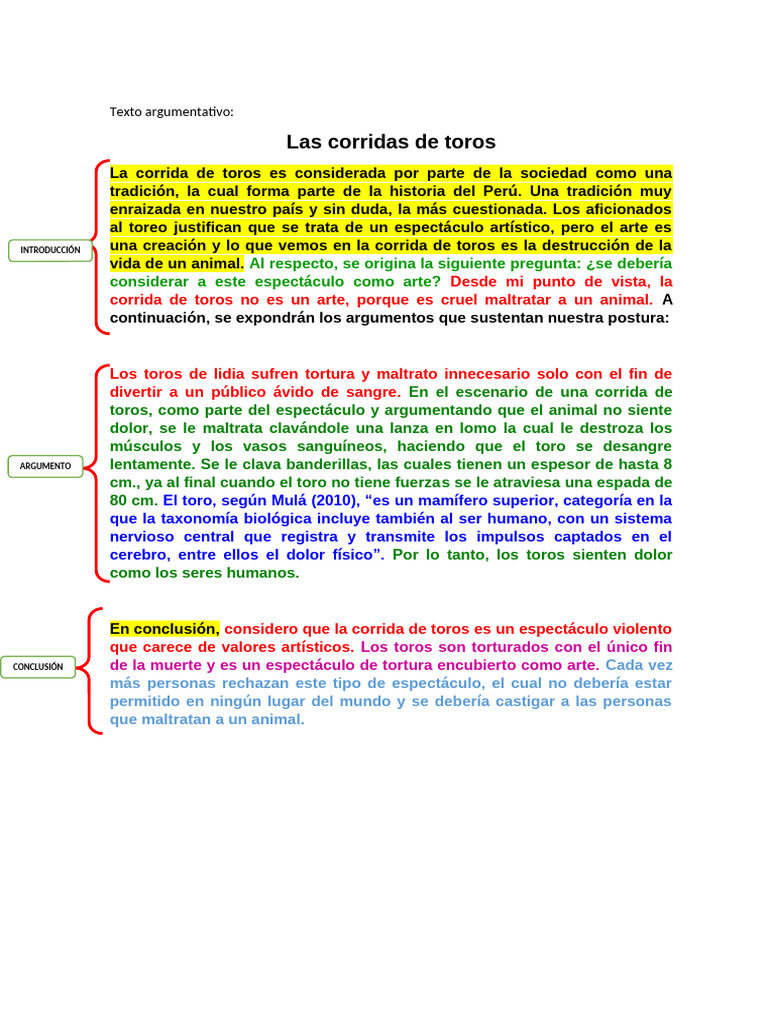 Texto Argumentativo LA CORRIDA DE TOROS A Colores | PDF