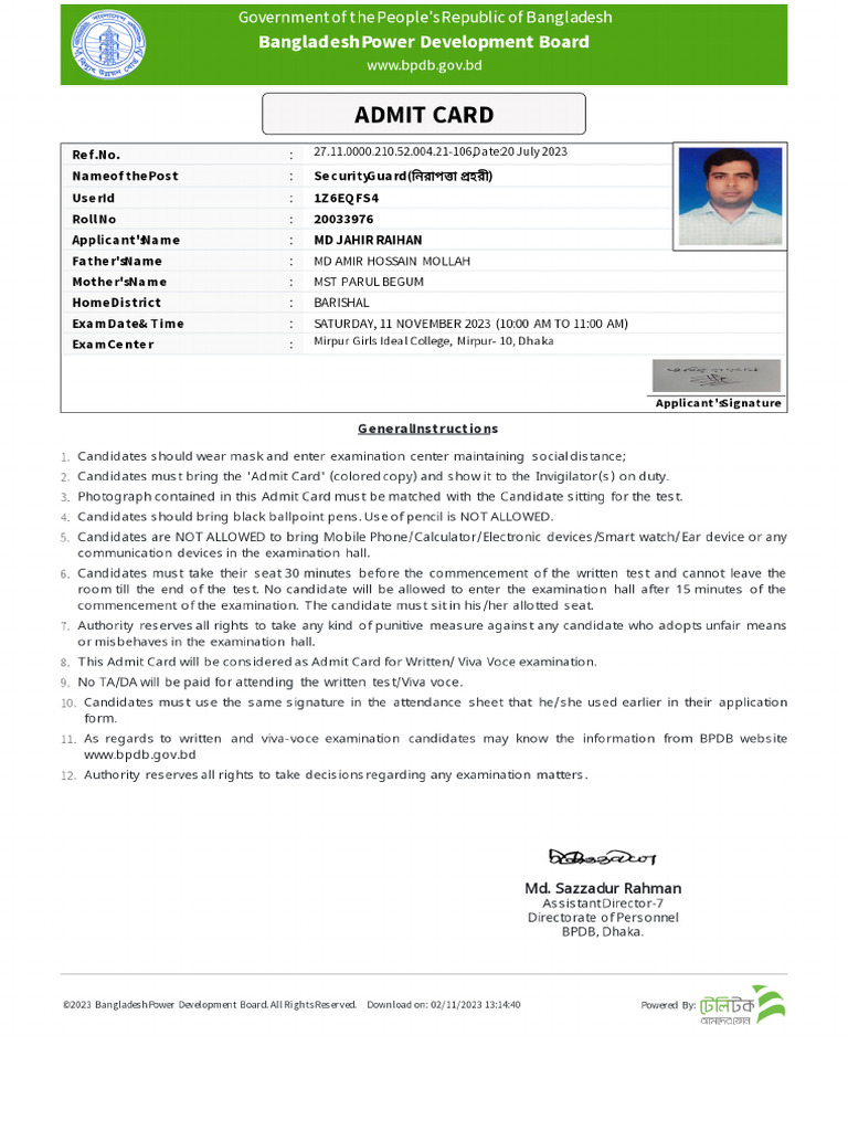 AdmitCard BPDB 1Z6EQFS4 | PDF