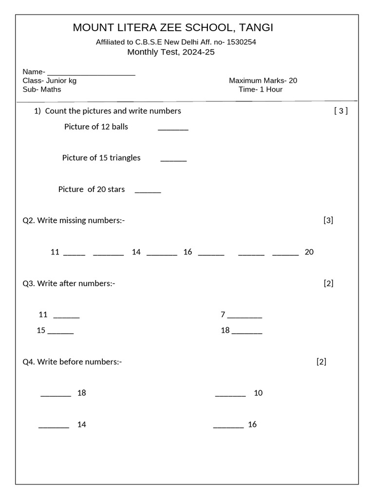 Maths Exam Nursery | PDF