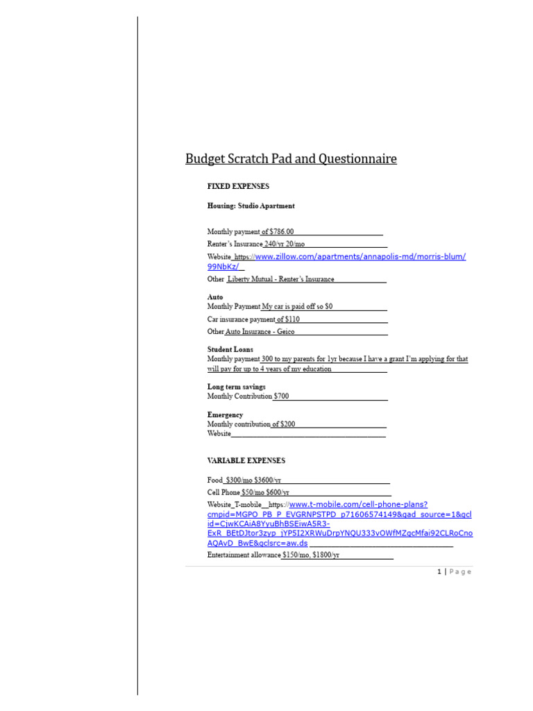 Budget Scratch Pad and Questionnaire | PDF