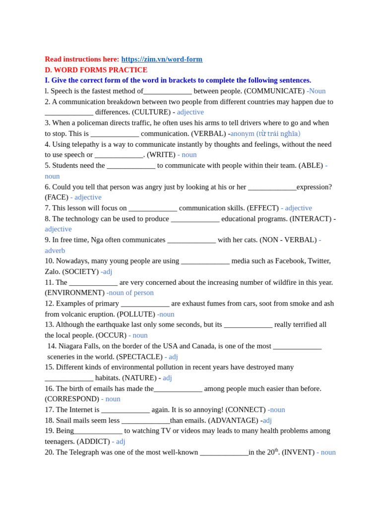 WORD FORM PRACTICE - With Answers and Translation | PDF