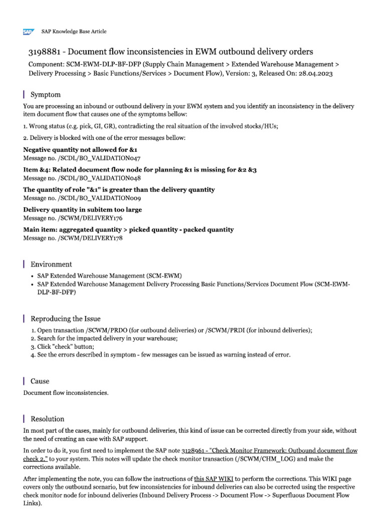 Document Flow Inconsistencies in EWM Outbound Delivery Orders | PDF
