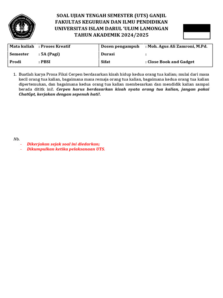 SOAL UTS PROSES KREATIF PBSI 5A PAGI | PDF