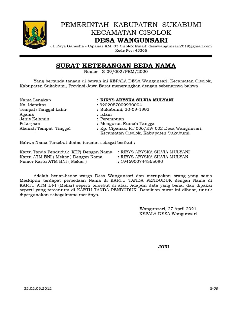 Surat Keterangan Beda Data Compress | PDF