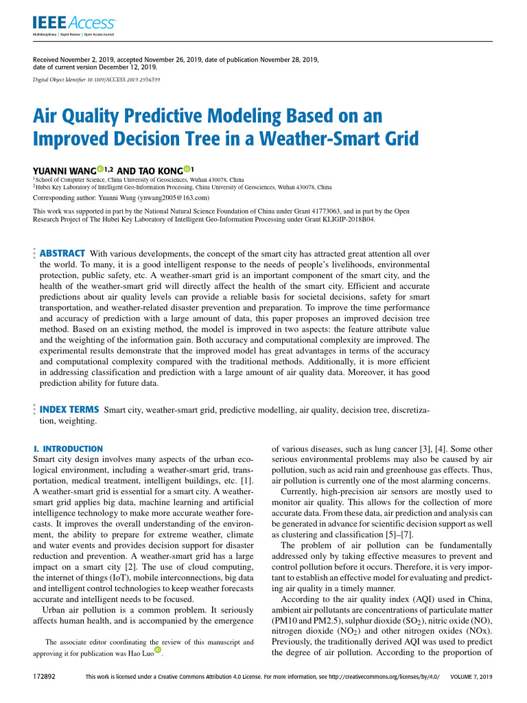 Air Quality Predictive Modeling Based on an Improved Decision Tree in a Weather-Smart Grid | PDF ...