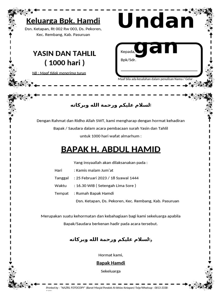 UNDANGAN YASIN DAN TAHLIL | PDF