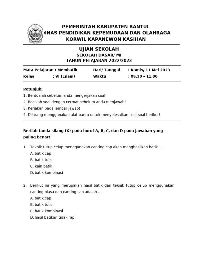 Soal Ujian Sekolah Membatik | PDF