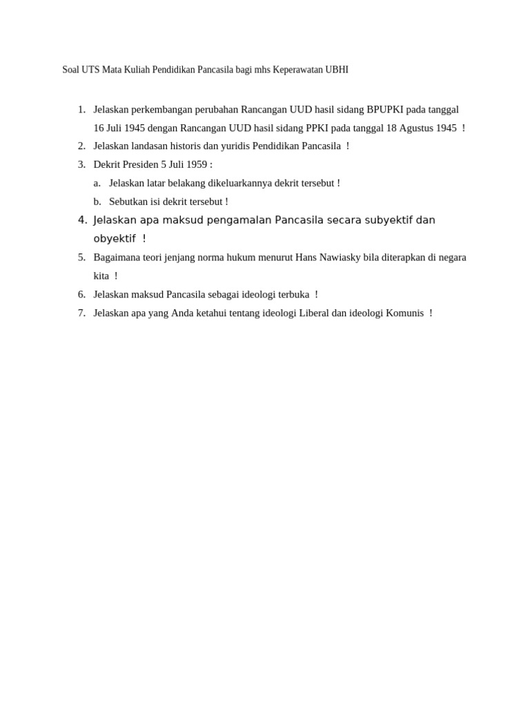 Soal UTS Mata Kuliah Pendidikan Pancasila Bagi Mhs Keperawatan UBHI | PDF