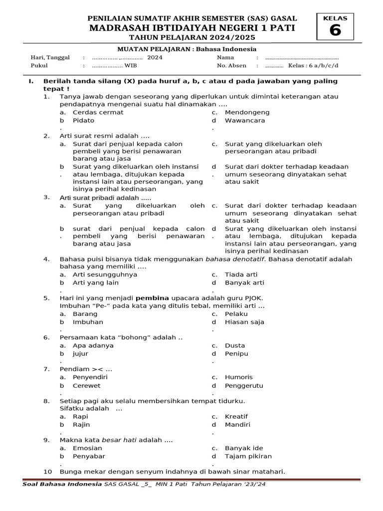 SOAL ASAS Bindo Kelas 6 - 2024-2025 | PDF