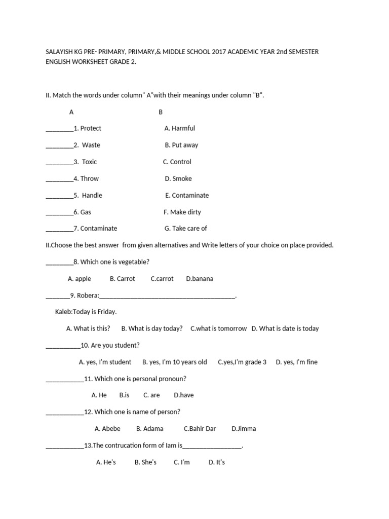 2nd Sem. 2017 Worksheet Grade 2 | PDF | Language Mechanics | Syntax