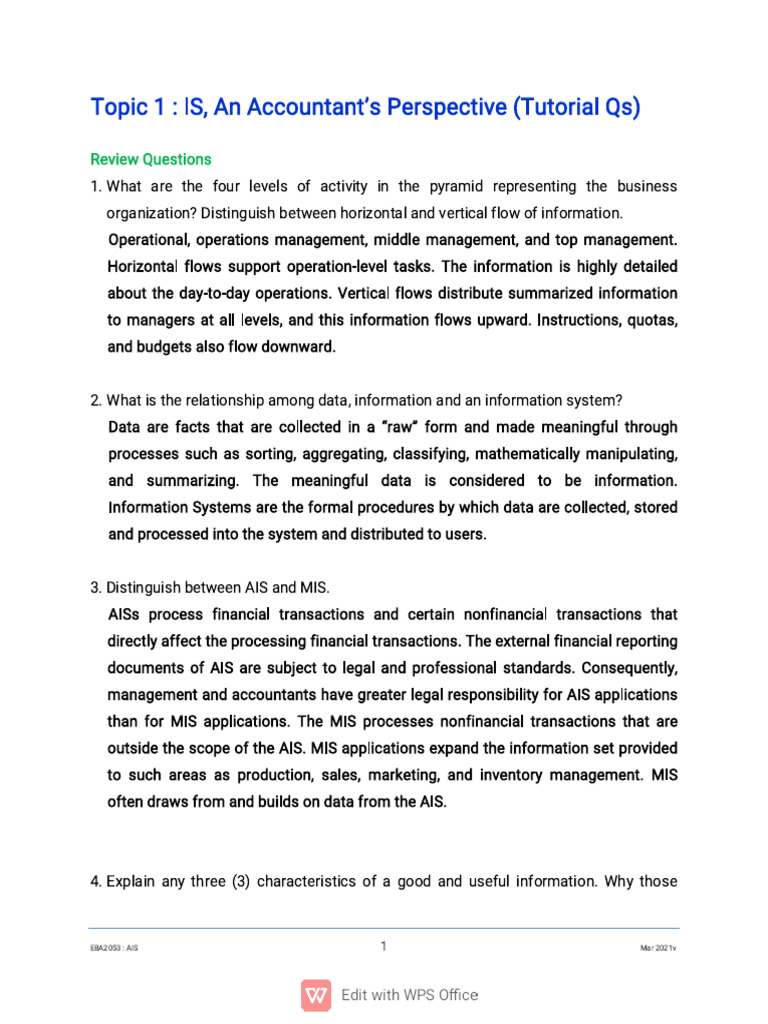 Tutorial Question Chapter 1 Intro To AIS WITH ANSWER | PDF | Audit | Internal Audit