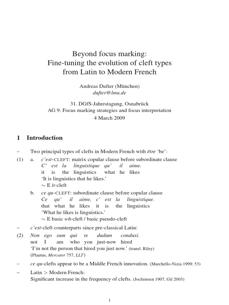 Cleft Evolution from Latin to Modern French | PDF | Lancelot | Linguistics