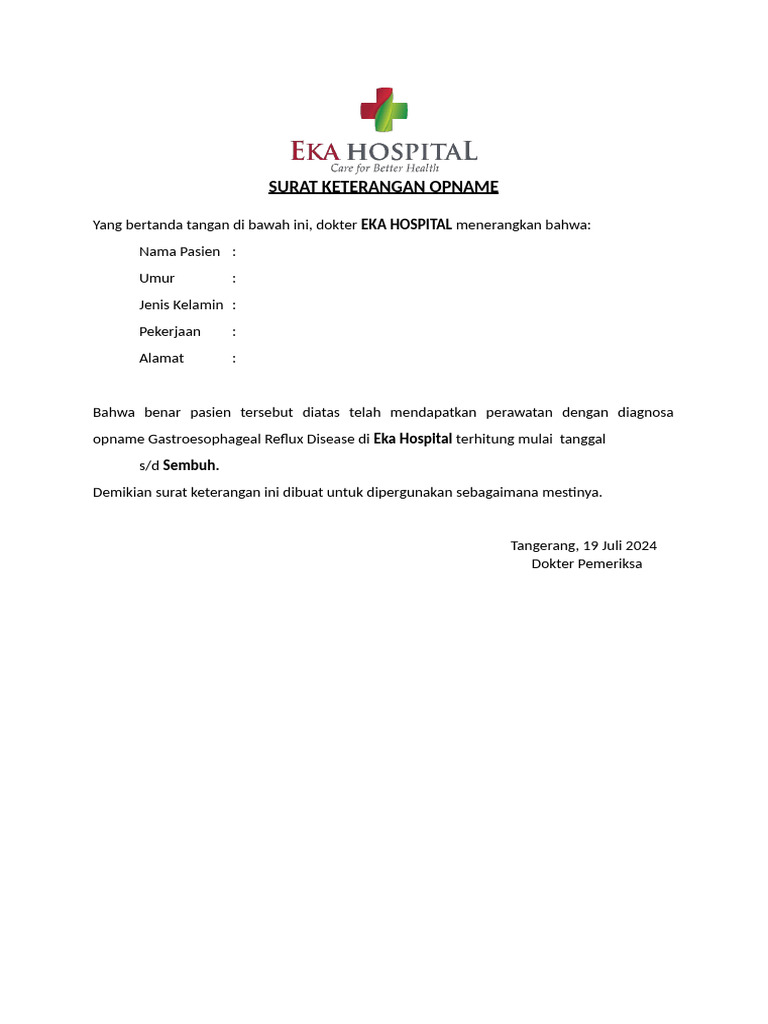 Surat Keterangan Opname Pasien Eka Hospital | PDF