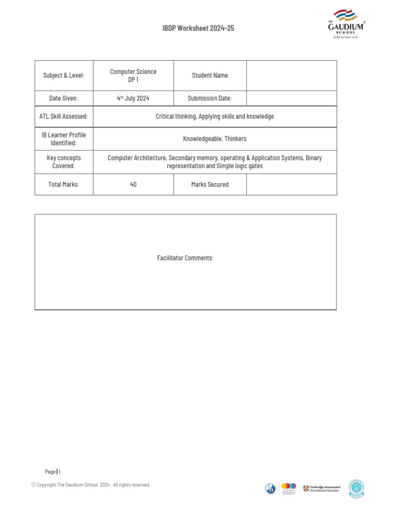 IBDP DP1 CS Worksheet - Unit 2 | PDF | Central Processing Unit | Digital Electronics