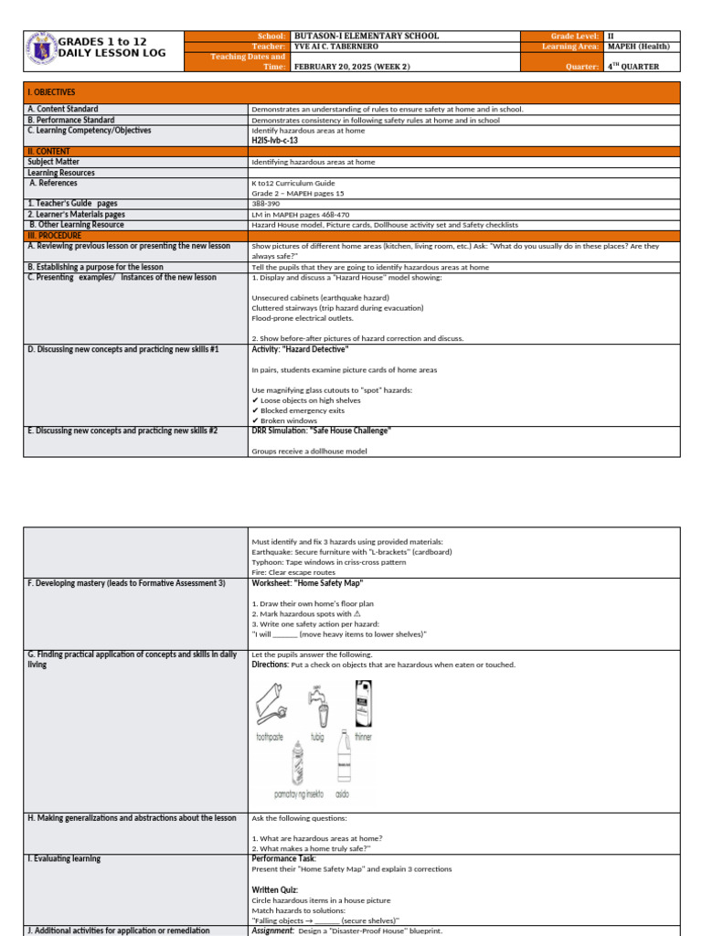 Home Safety Lesson Plan for Grade 2 | PDF | Teachers | Learning