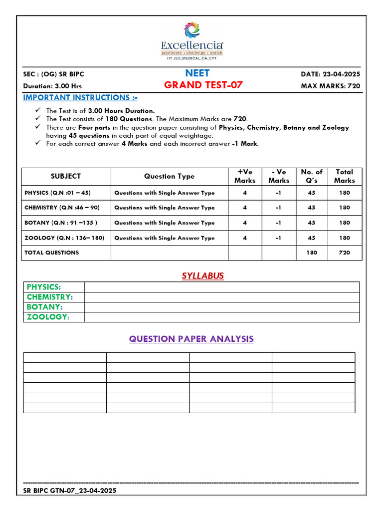 SR Bipc Neet GTN-07 - Q.P, Key & Sol - (23-04 - 2025) ) | PDF ...