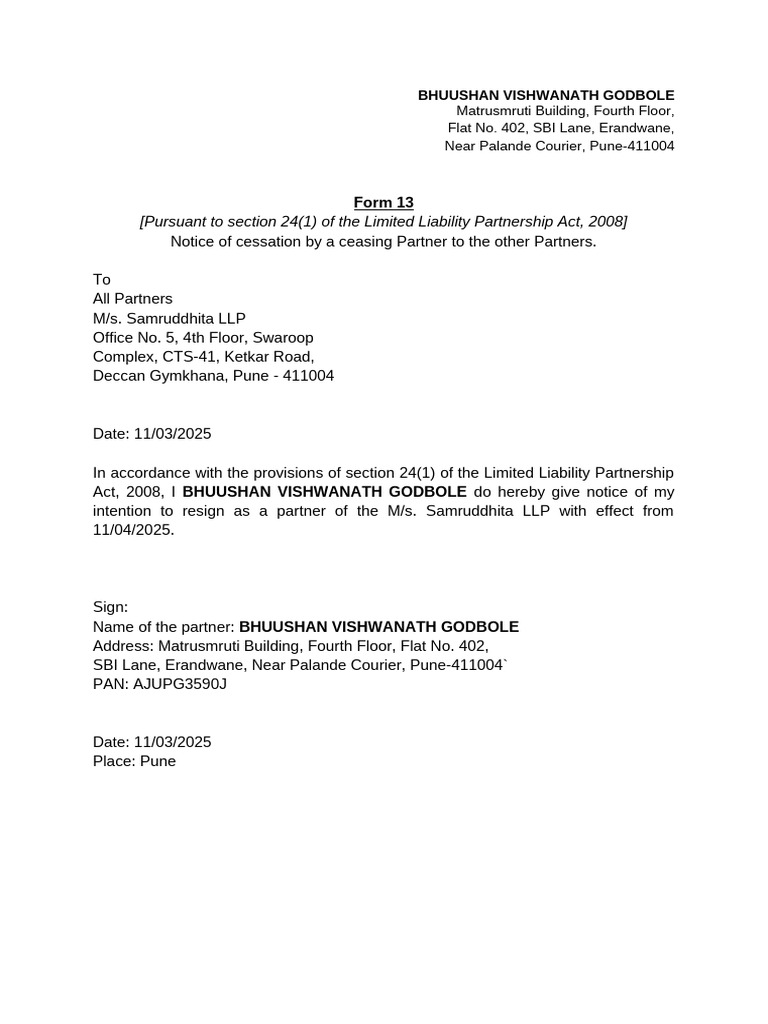 Form 13 - Resignation Letter by Partner of LLP | PDF