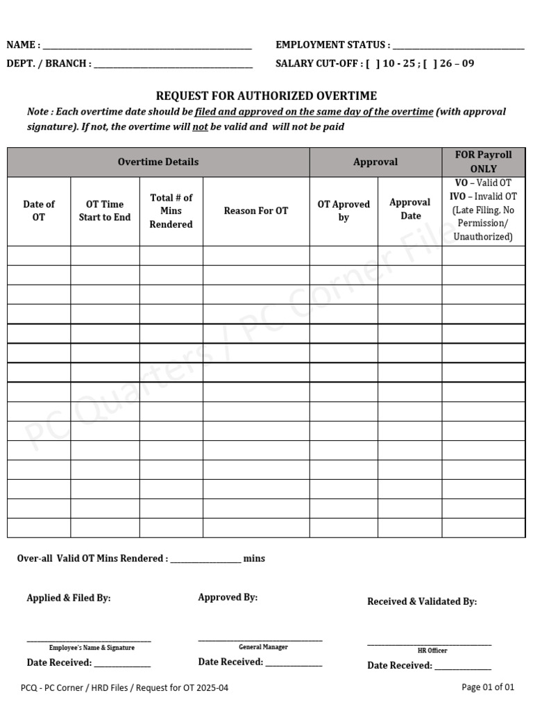 Request For Authorized Overtime Form 2025-04 | PDF | Overtime | Business