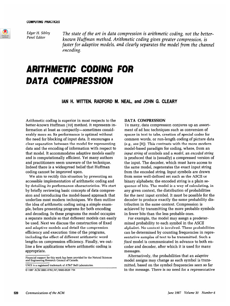 Arithmetic Coding For Data Coiupression | PDF | Data Compression | Code