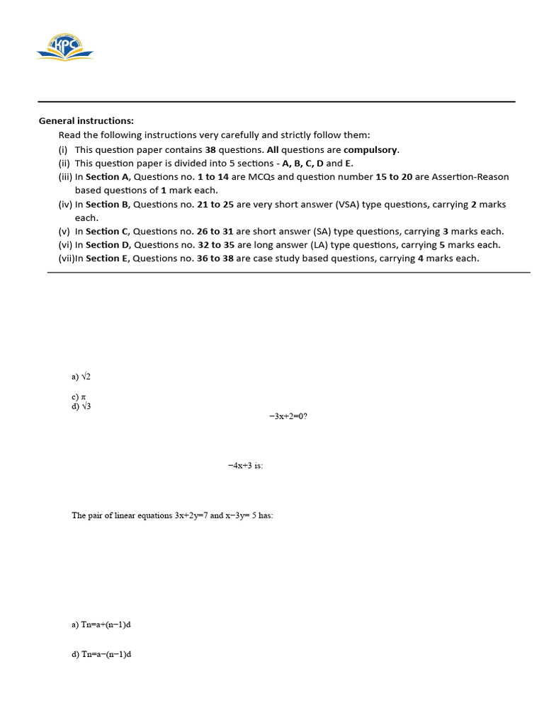 Class X Mathematics Model Paper | PDF | Quadratic Equation | Polynomial