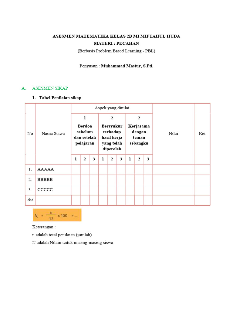Instrumen Asesmen PBL (Matematika Kelas 2 MI - Pecahan) | PDF