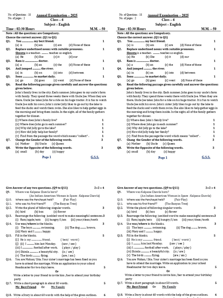 Class 6 Annual Exam Question Paper 2025 English New | PDF | Syntax | Grammar
