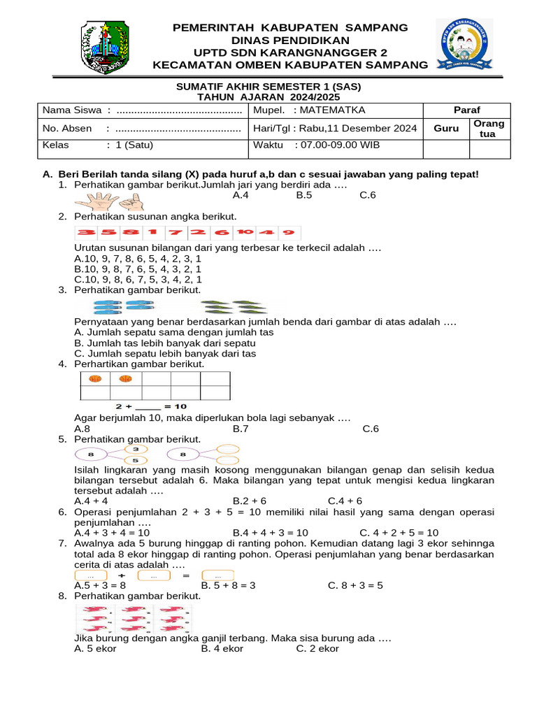 Soal SAS Ganjil Matematika Kelas 1 | PDF