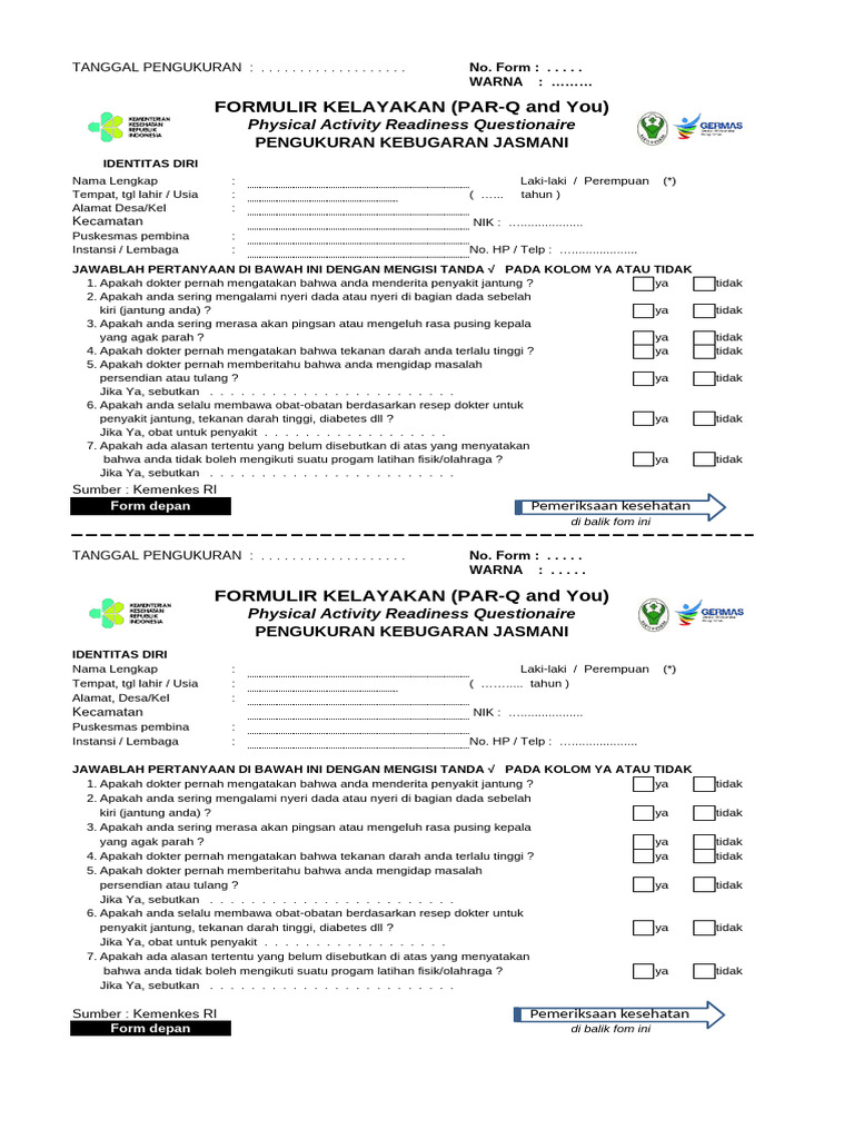 Form PAR-Q & Pemeriksaan Kesehatan + Standar Body Fat Analyzer 2024-08-27, Permenkes 41-2014 ...