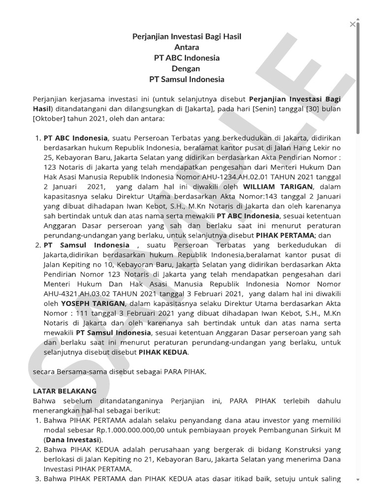 Contoh Perjanjian Investasi Bagi Hasil - Justika For Business | PDF