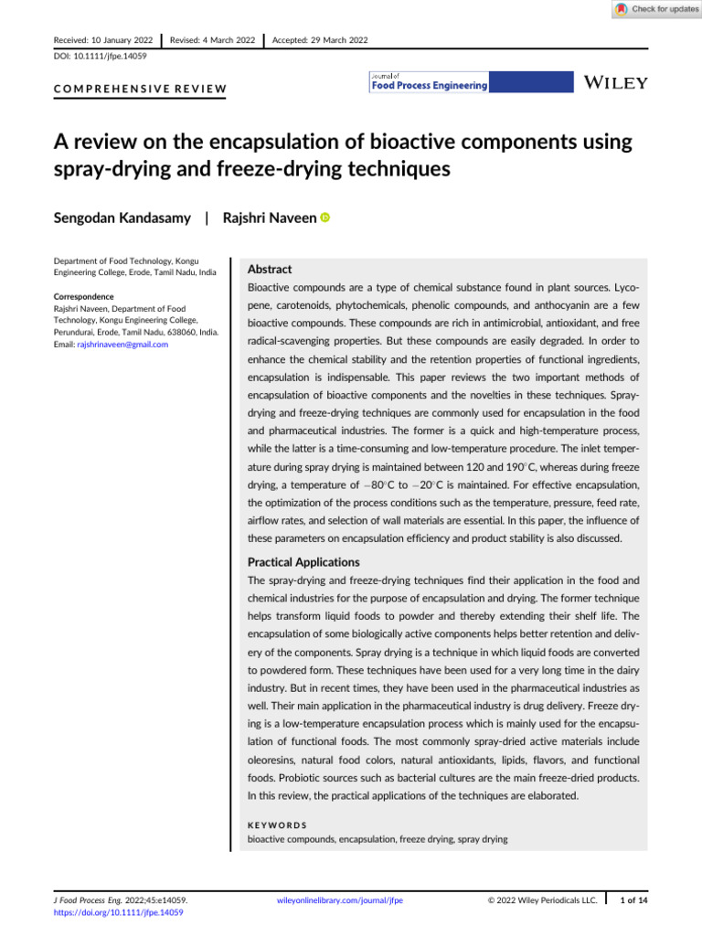 A Review On The Encapsulation of Bioactive Components Using Spray ...