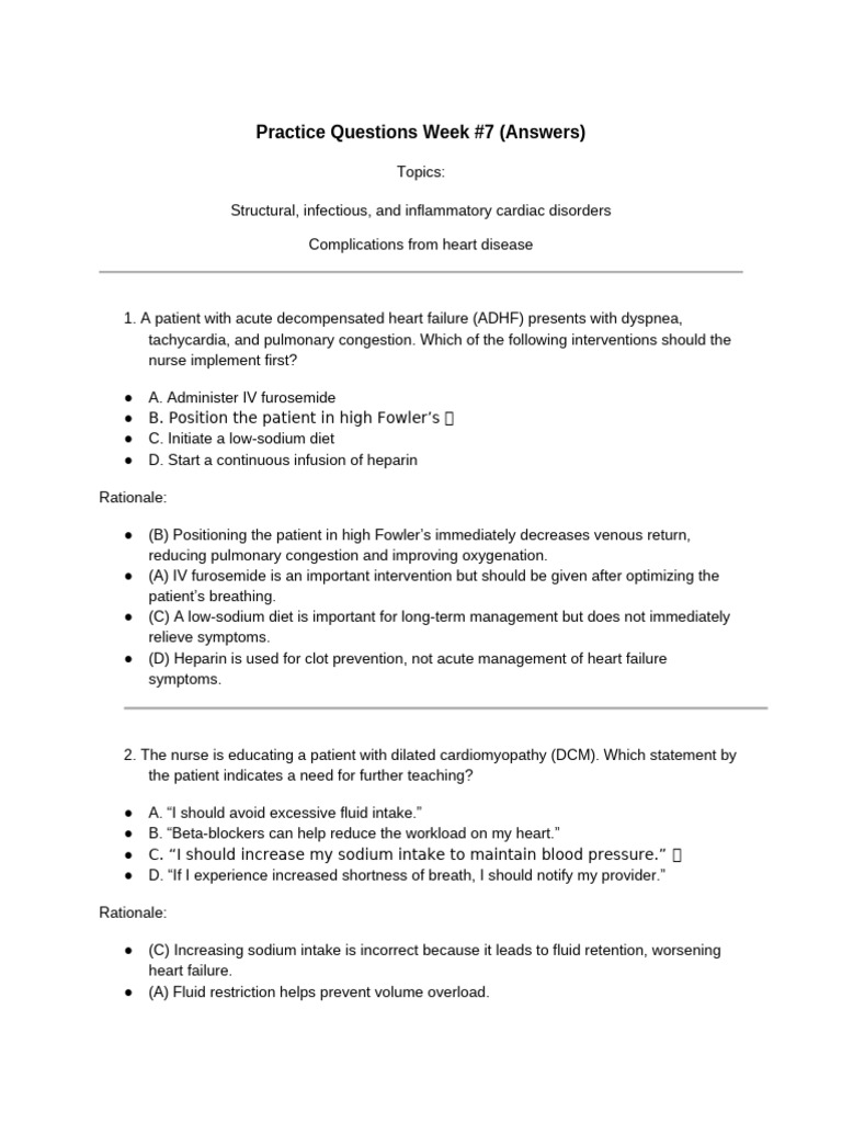 Practice Questions Week #7 (Answers) | PDF | Heart Failure | Heart